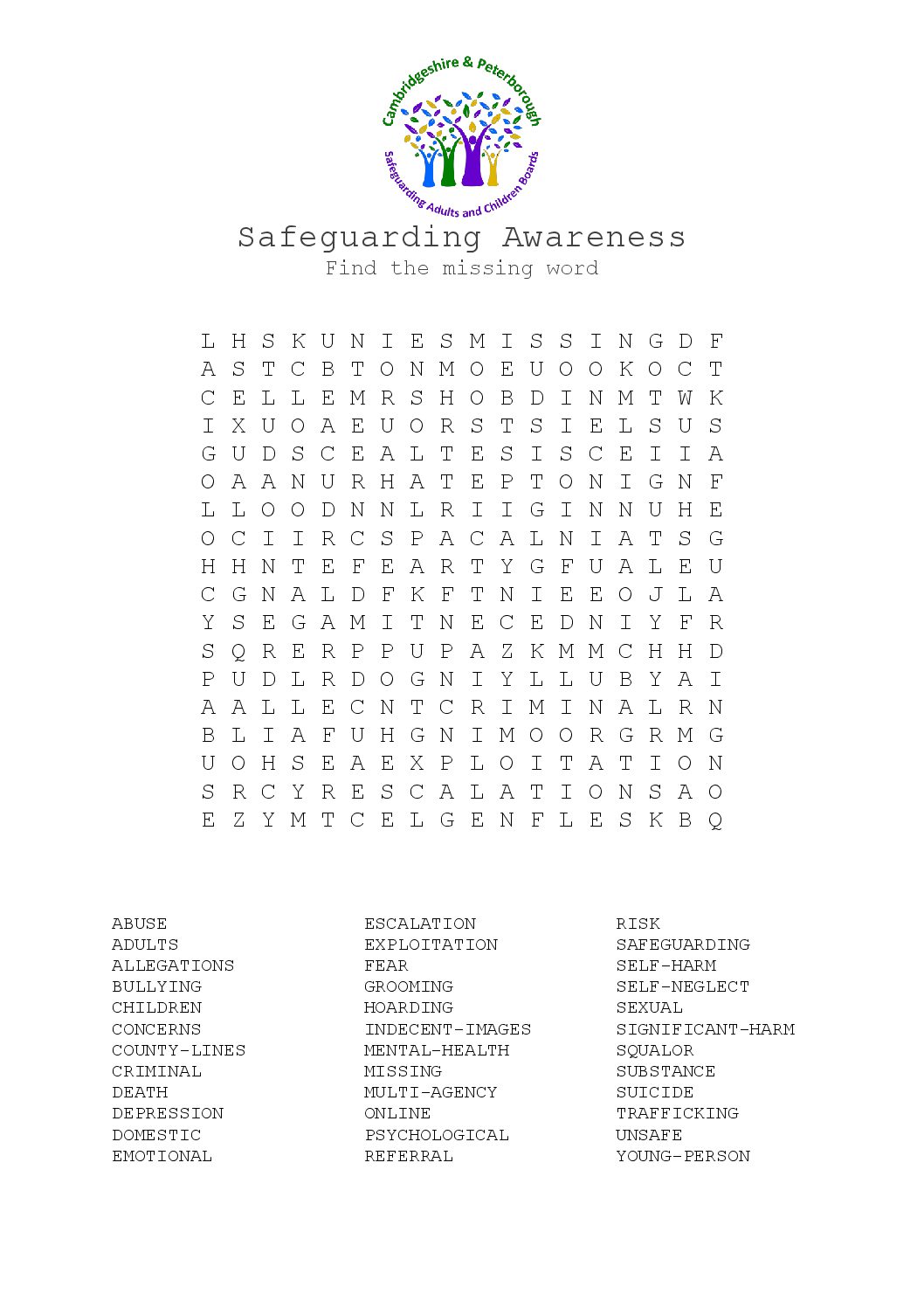 Safeguarding Wordsearch | Cambridgeshire and Peterborough Safeguarding ...